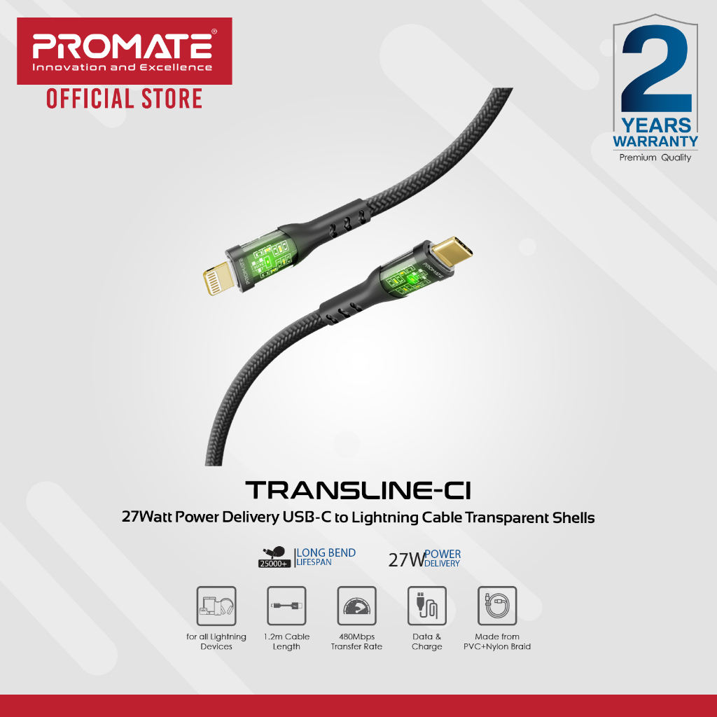 Promate TransLine-Ci 27W Power Delivery USB-C to Lightning Cable with ...