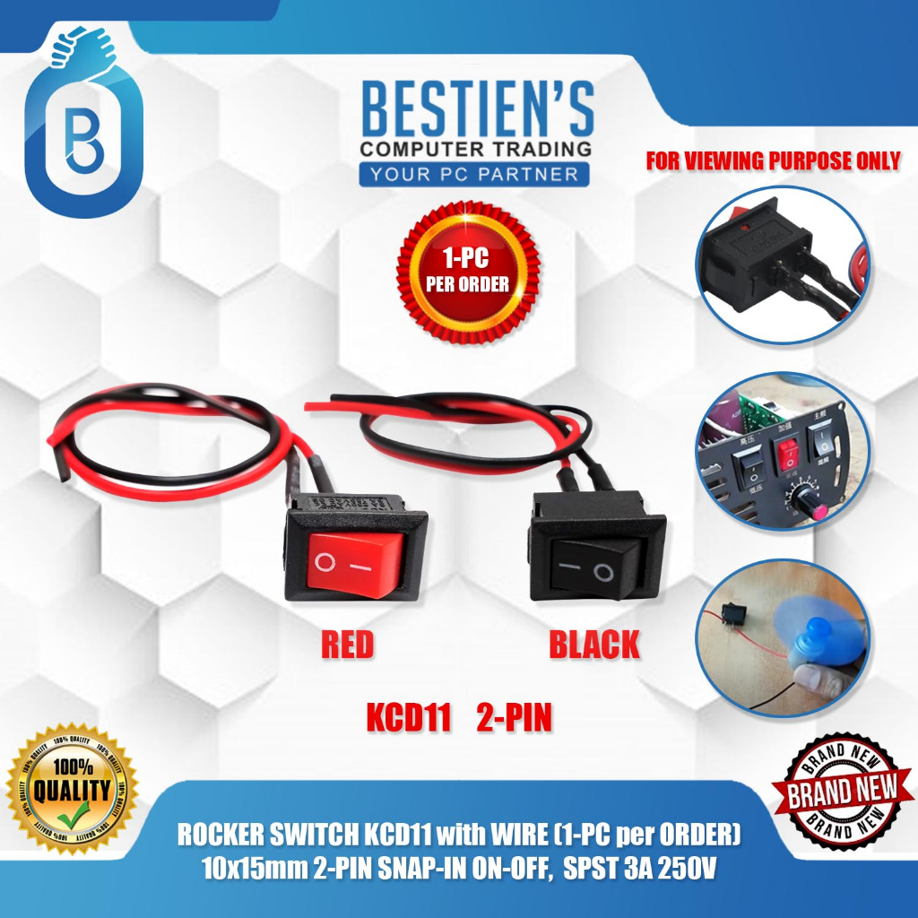 ROCKER SWITCH KCD11 with WIRE (1-PC per ORDER), 10x15mm 2-PIN SNAP-IN ...