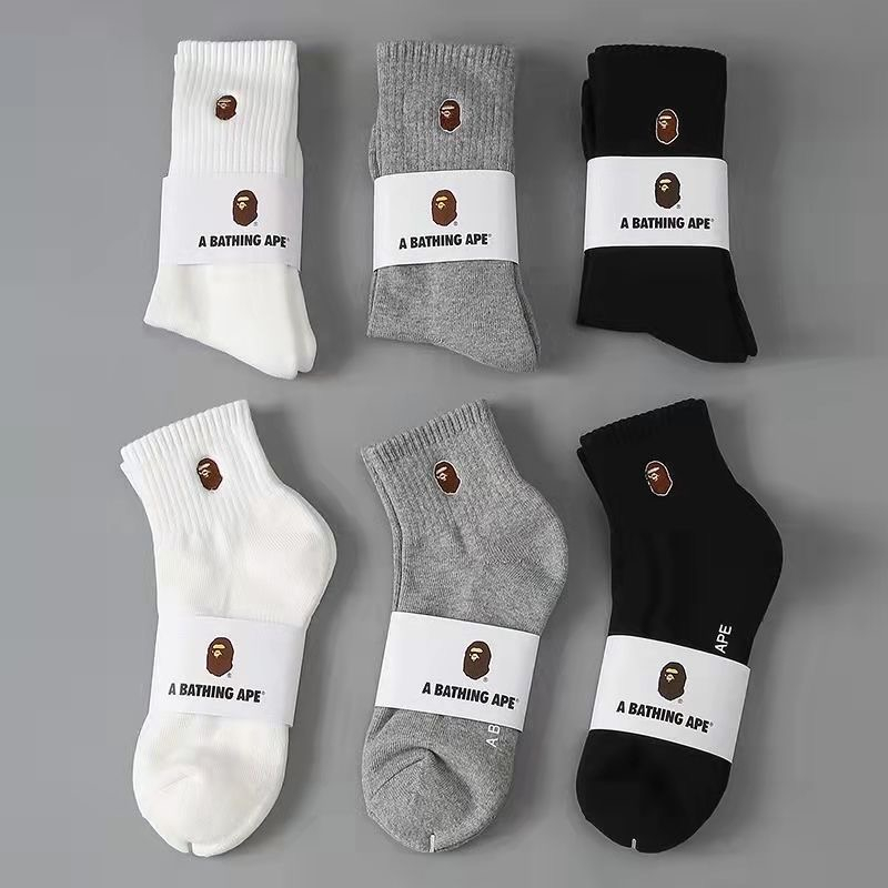 Bape Plain mid cut high cut Sock Ape Head Embroidery Unisex thick ...