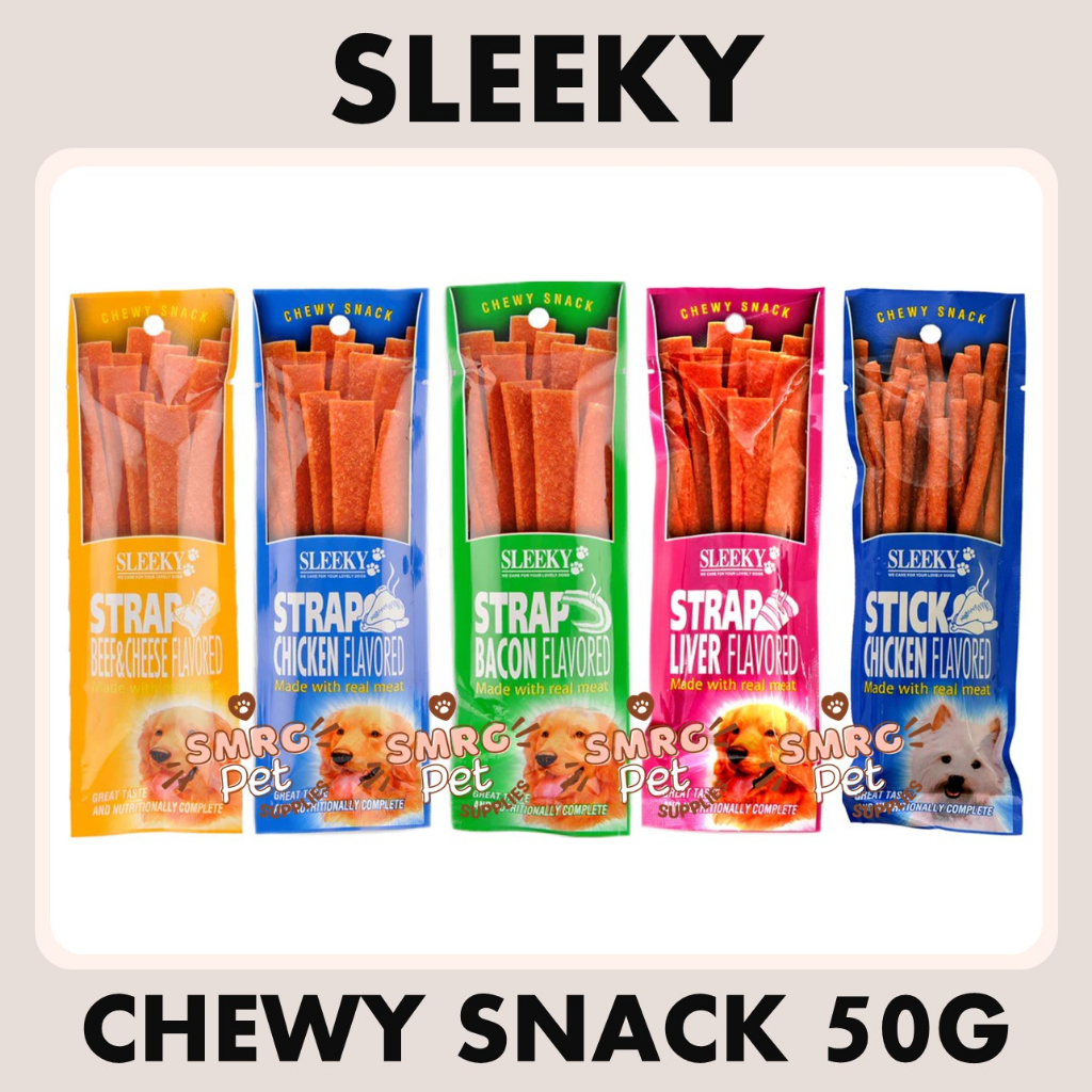 Sleeky Chewy Snack Strap Stick Dog Treats 50g Bacon Beef Beef & Cheese ...