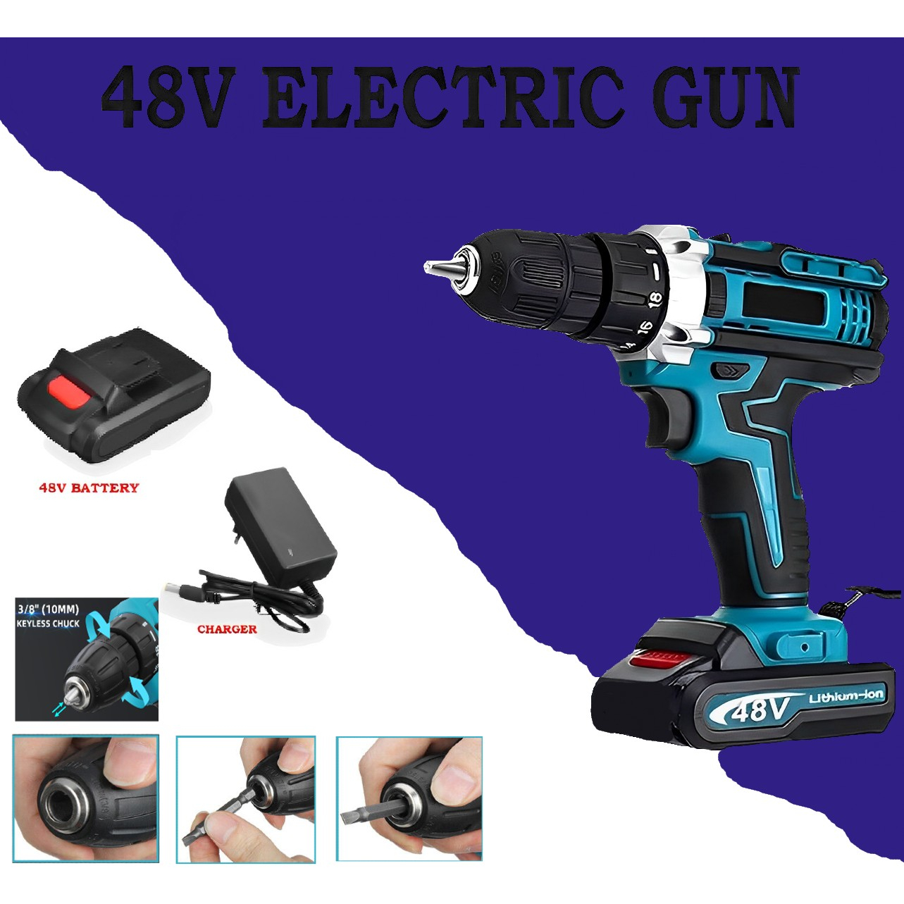 Cordless Electric Drill Gun With Rechargeable 48V Lithium Battery Heavy ...