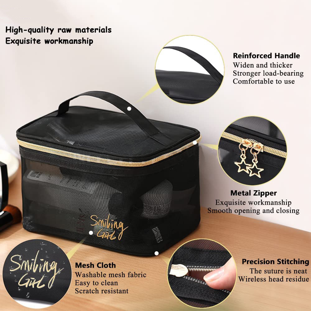 Large Capacity Black Mesh Cosmetic Bag Transparent Travel Storage Case ...