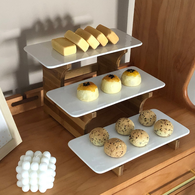 Ceramic dessert stand buffet server 3 tiers serving trays with bamboo ...