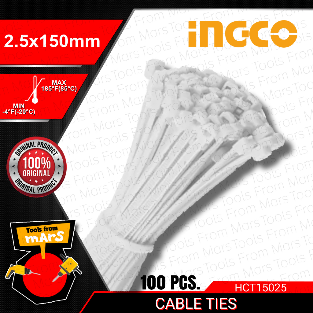 INGCO HCT15025 2.5x150mm Heavy Duty Cable Tie White 100pcs/Set Cable ...