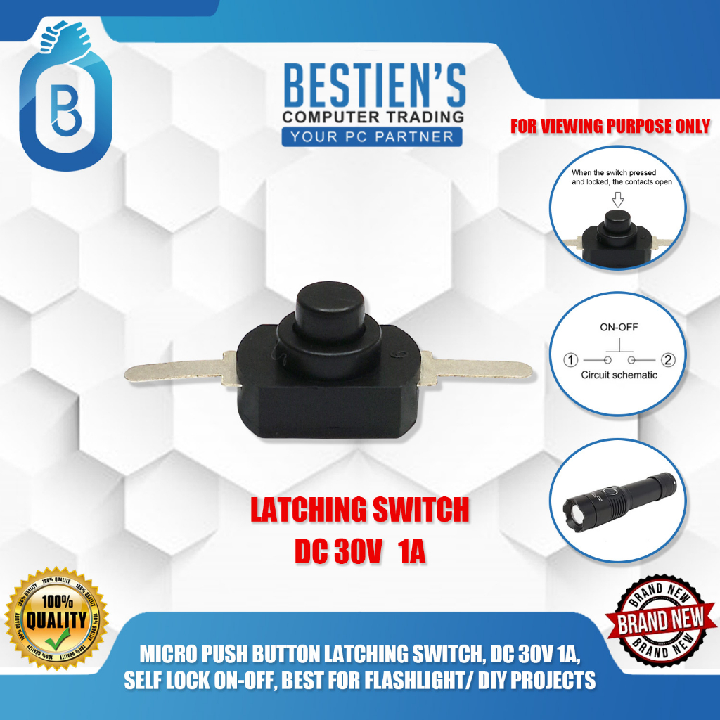 MICRO PUSH BUTTON LATCHING SWITCH, DC 30V 1A, SELF LOCK ON-OFF, BEST FOR FLASHLIGHT/ DIY ...