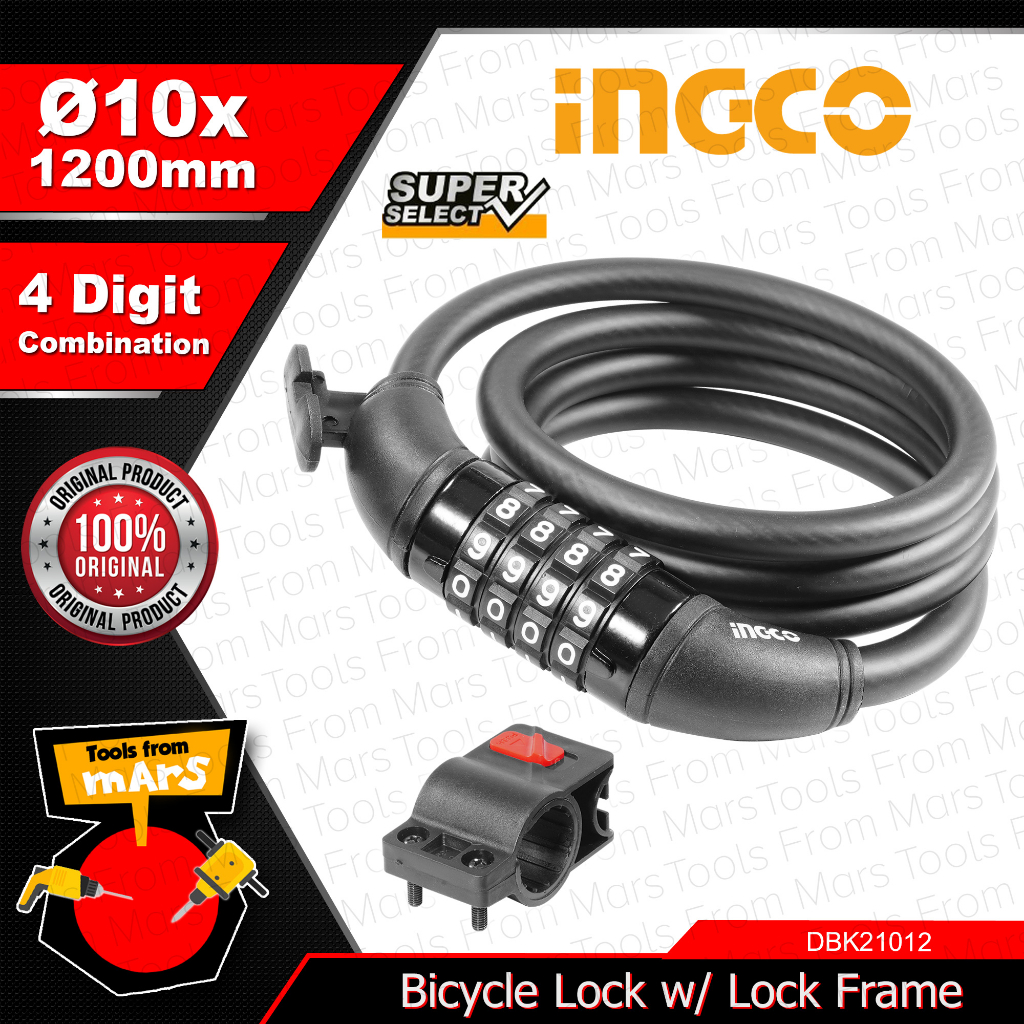 INGCO 4Digit Combi Bicycle Lock with Lock Frame 10x1200mm Cable Coded ...