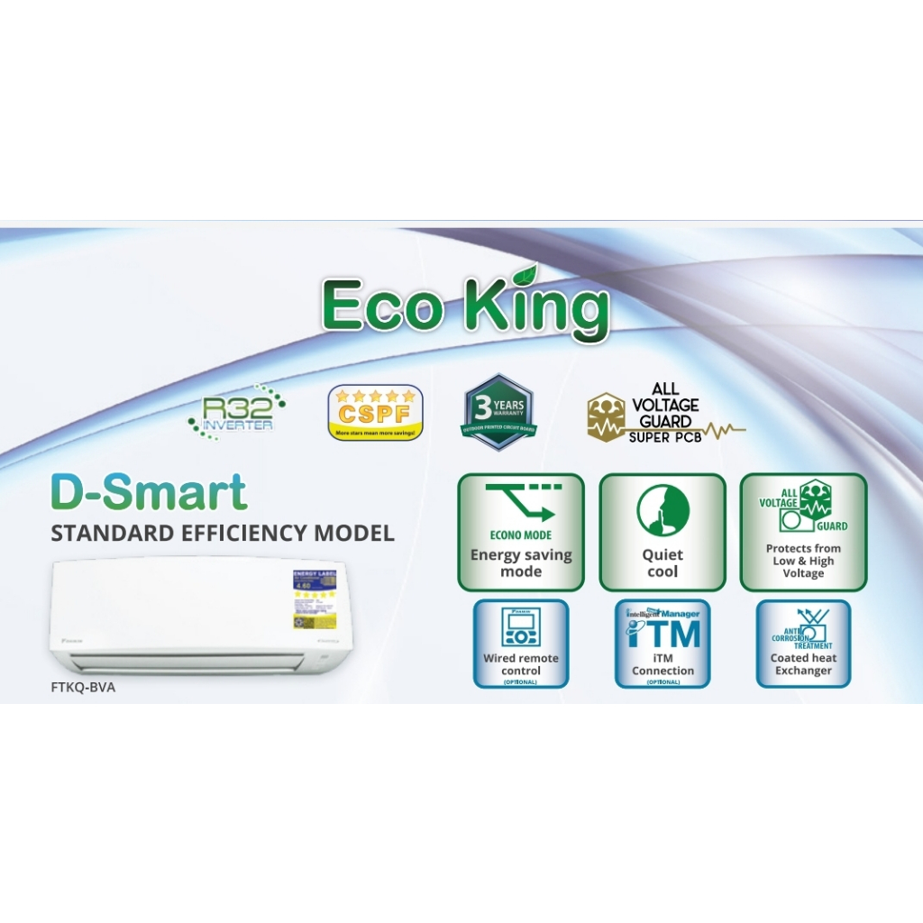 Daikin FTKQ35CVAF / RKQ35CVA 1.5HP D-Smart Series Wall Mounted Inverter ...