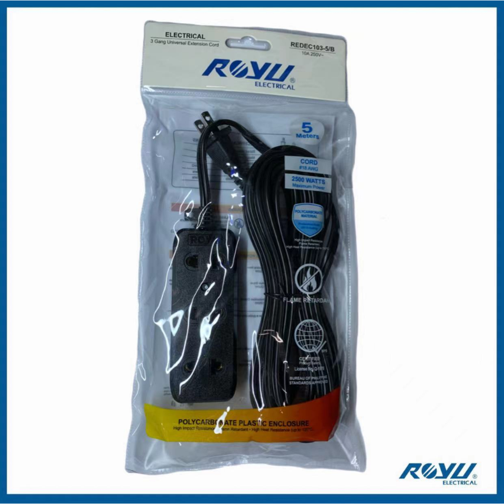 Royu 3 & 4 Gang Universal Extension Cord BLACK (5 METERS) | Shopee ...