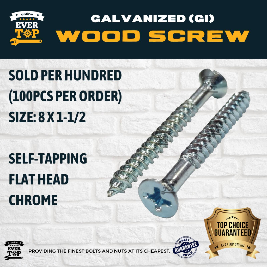 Wood Screw 8 x 1-1/2 Galvanized (GI) Self-Tapping Flathead |Evertop ...