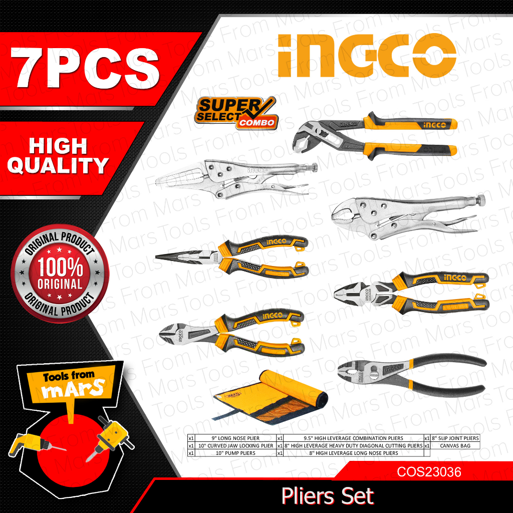INGCO 7PCS Pliers Set Long Nose Locking Pliers Combination Pliers Combo ...
