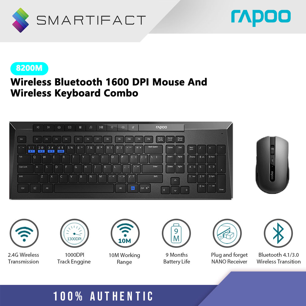 Rapoo 8200M Wireless Bluetooth 1600 DPI Mouse And Wireless Keyboard ...