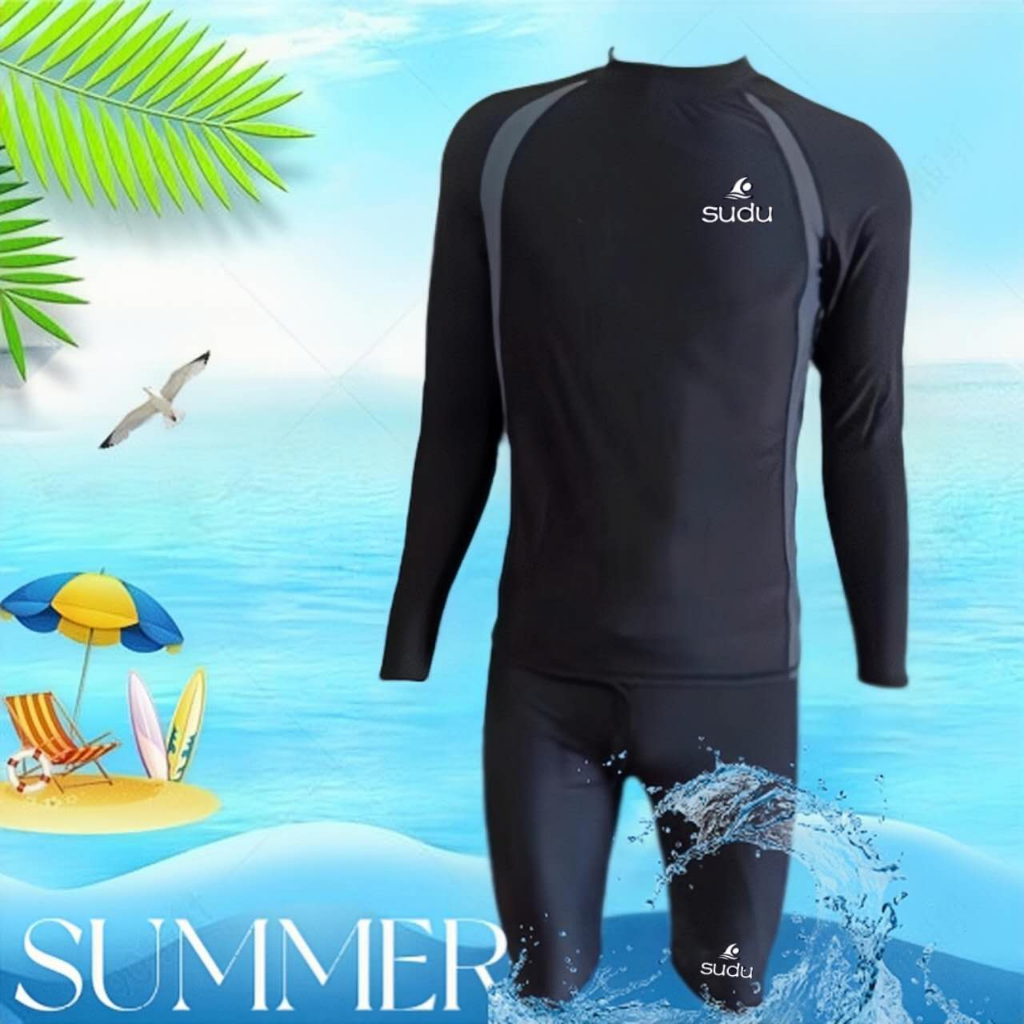 Long Sleeve Rush Guard Terno For Men Top And Black Shorts Swimwear ...