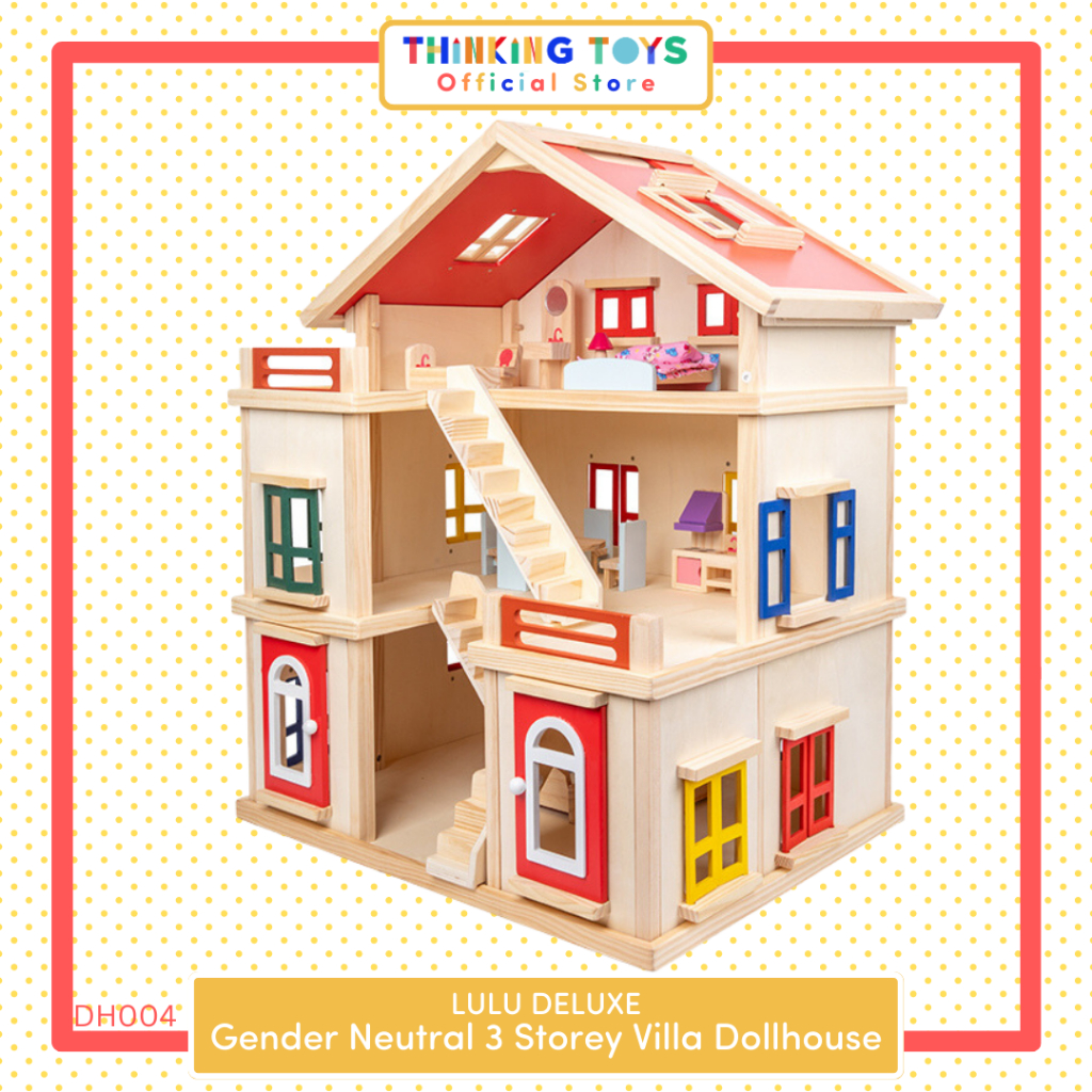Thinking Toys LULU DELUXE Gender Neutral Wooden 3 Storey Dollhouse ...