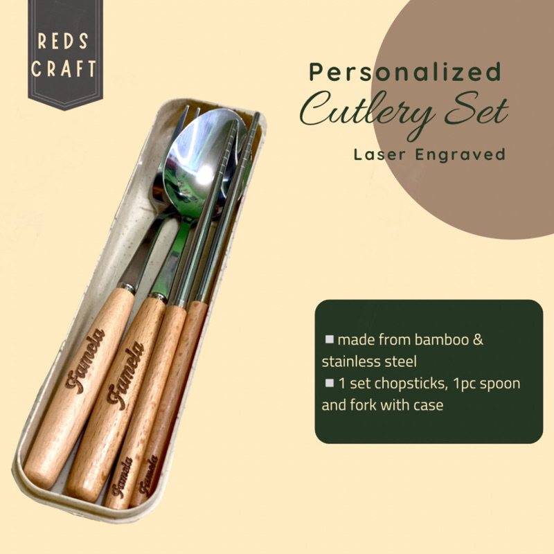 Wooden handle Cutlery Set - Personalized | Lase Engraved | Shopee ...