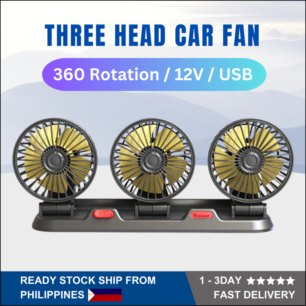 Three Head Car Fan 12V USB Type 360 Rotation Vehicle Fan Low Noise ...