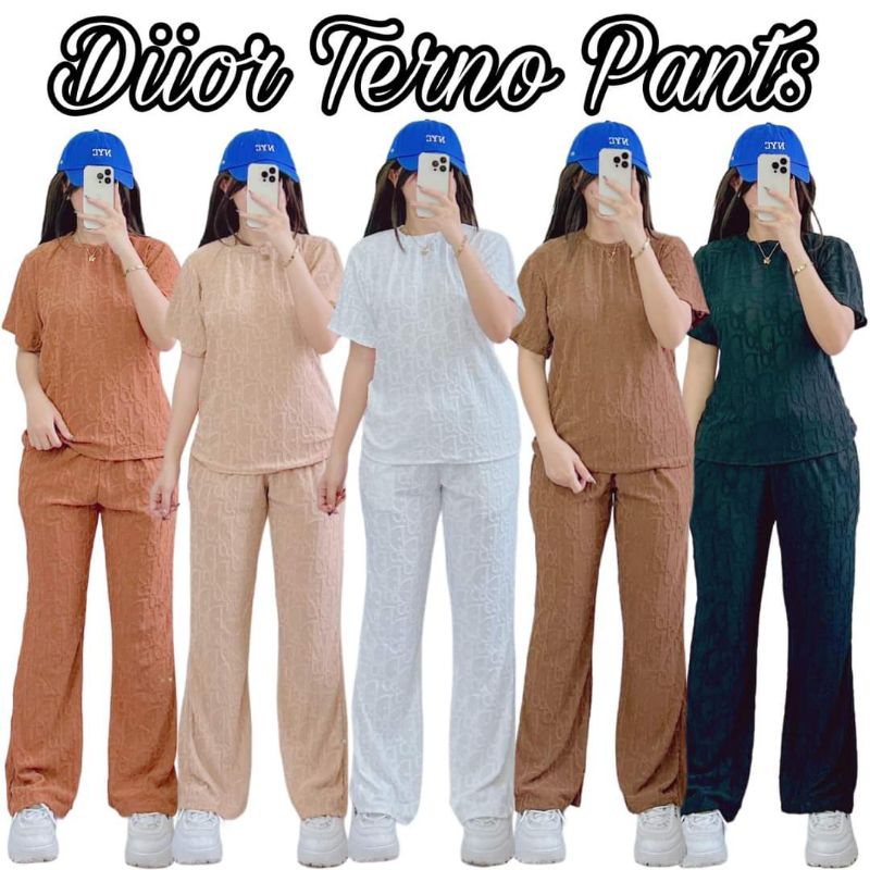 Jinky Plain Embossed Basic Roundneck Shirt Top Terno Highwaist Pants Coords Set Trendy Women