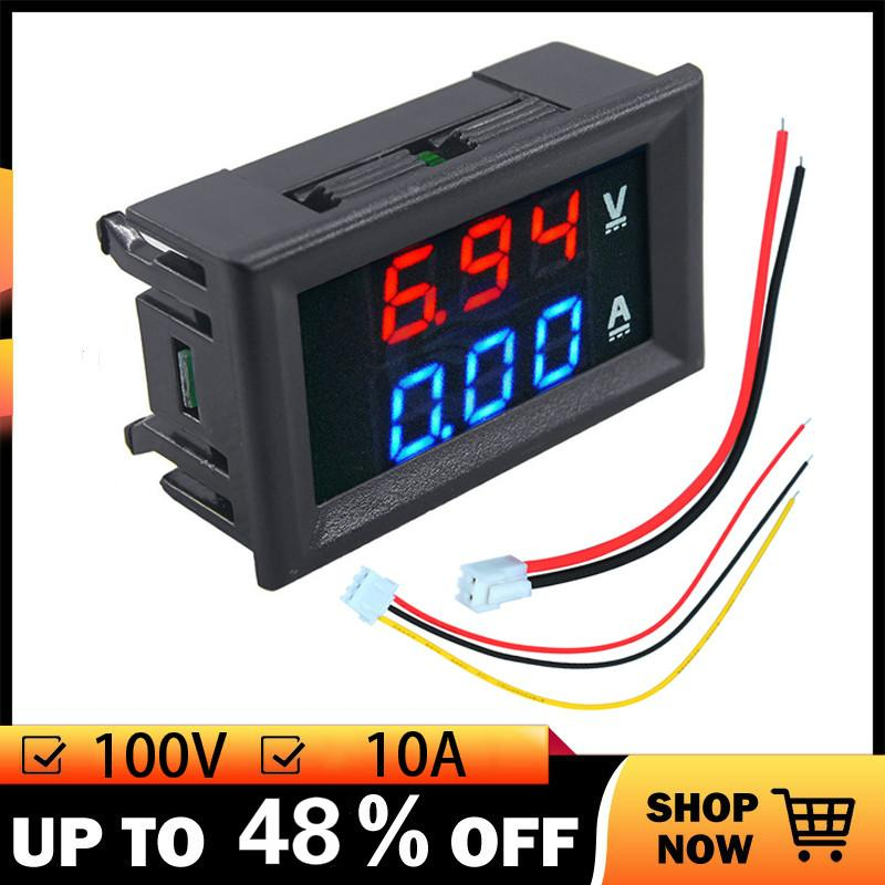 2 In 1 DC 100V 10A Voltmeter Ammeter Red Blue LED Dual Digital Display ...