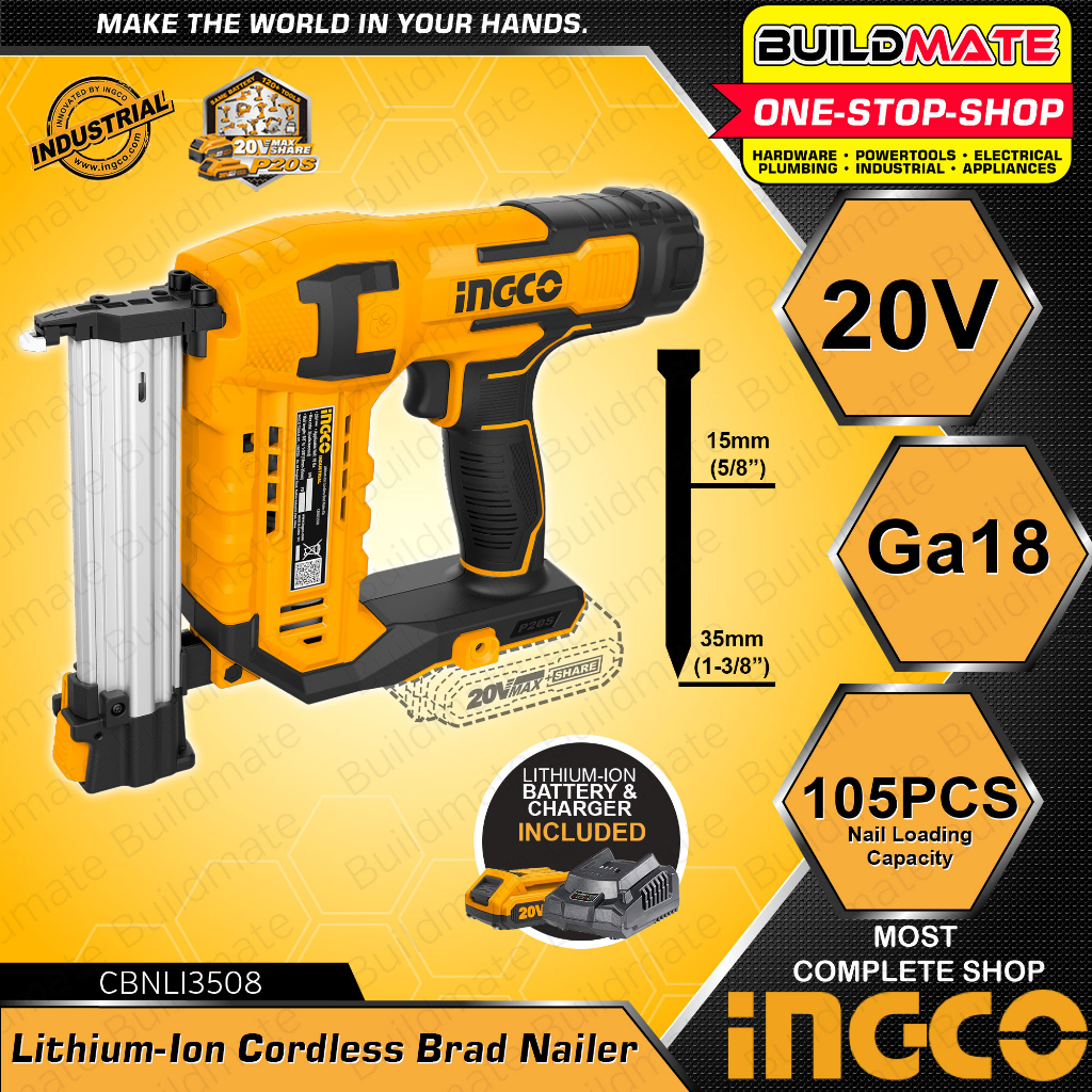 BUILDMATE Ingco Cordless Brad Nailer Kit 20V Nail Gun CBNLI2028 | 2PCS ... BUILDMATE Ingco Cordless Brad Nailer Kit 20V Nail Gun CBNLI2028 | 2PCS ...