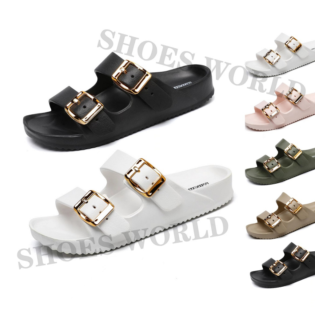 New Fashion Gold double buckle Korean Unisex two strap slippers women ...