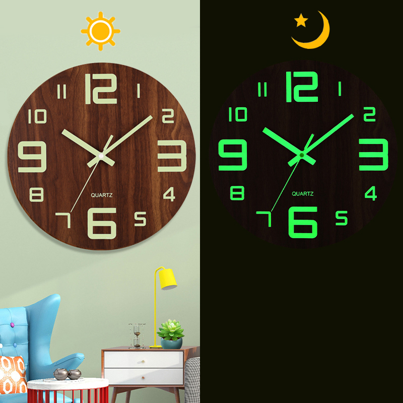 12-inch wooden wall clock glow in the dark fluorescence silent clock ...