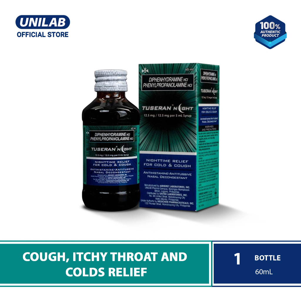 Unilab Tuseran Night Syrup 6ml - For Restful Sleep, and Relief from Cough, Colds, and Itchy ...