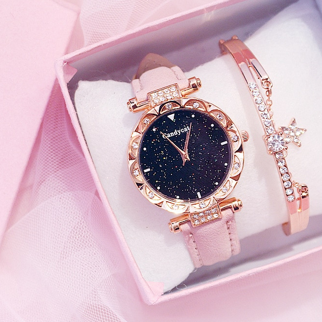 2Pcs Set Womens Watches Set Starry Sky Ladies Bracelet Watch watch for ...