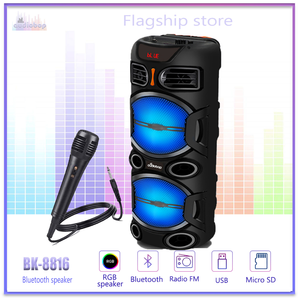 Audiobop 3000W Double 8INCH Super Bass Portable Wireless Bluetooth Speaker bk-8816 With Free ...