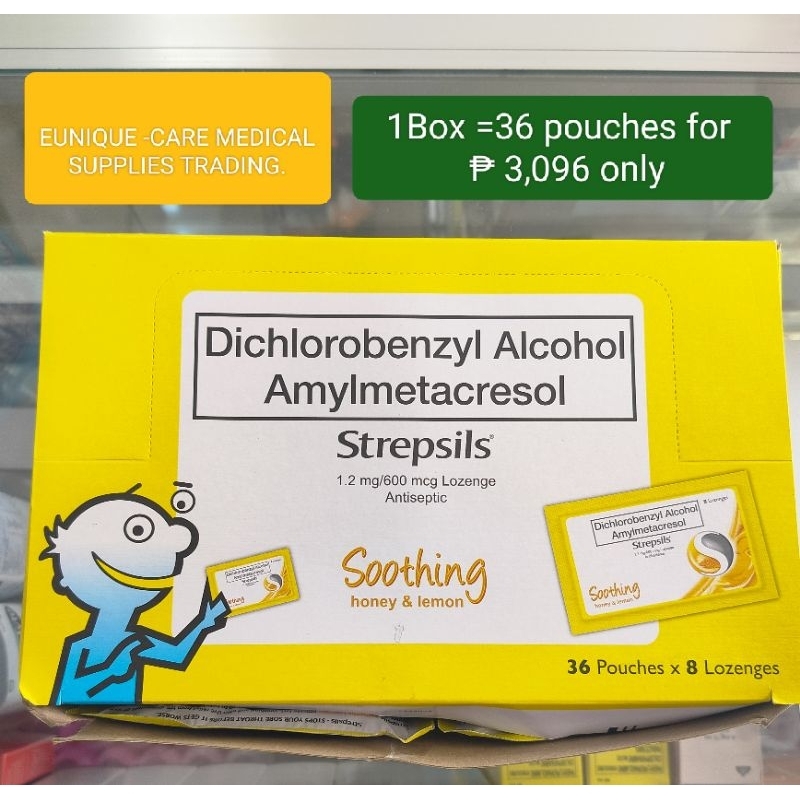 Strepsils 1 Box = 36 pouches ( Soothing honey & lemon ) 1.2mg /600mcg 8 ...