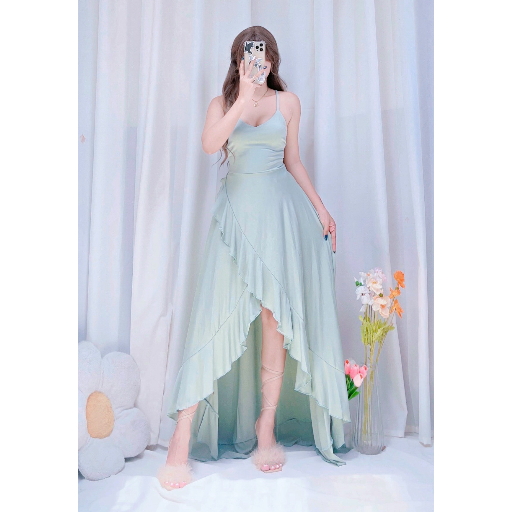 Ruffled Overlap Sleeveless Long Dress Bridesmaids Dress Formal Gown ...
