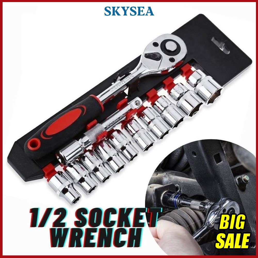 12pcs 1/2 Inch CR-V Ratchet Socket Wrench Set CRV1214/CRV1212 Chrome ...