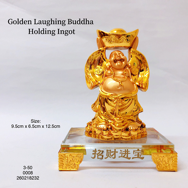 Feng Shui Golden Laughing Buddha Holding Ingot Statue Wealth Luck Decor ...