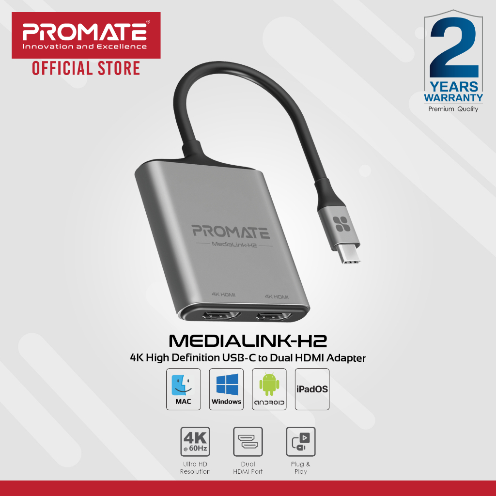 Promate Medialink-H2 4K High Definition USB-C to Dual HDMI Adapter ...