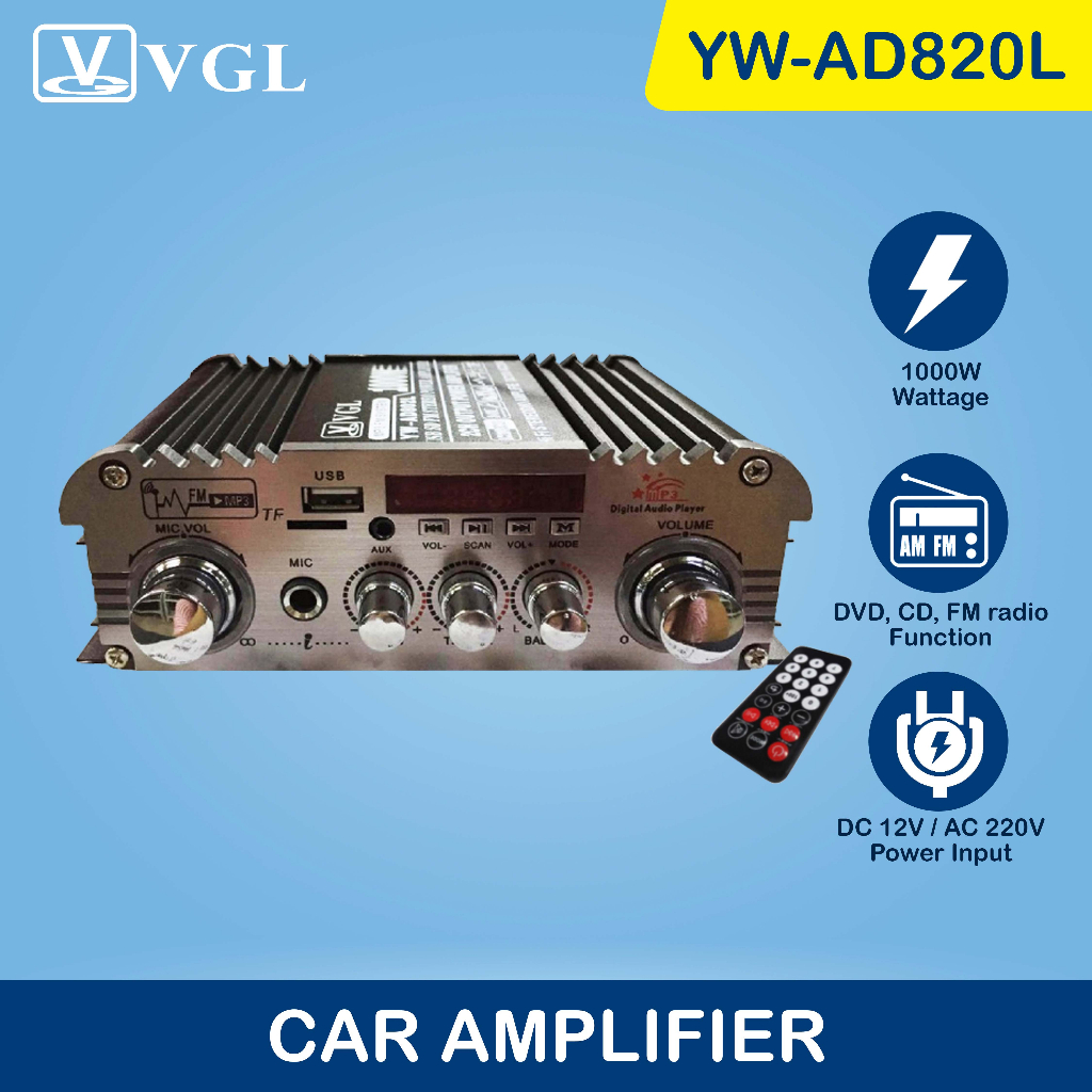 VGL Yw ad802l Car Amplifier with bluetooth, USB input, radio, remote ...