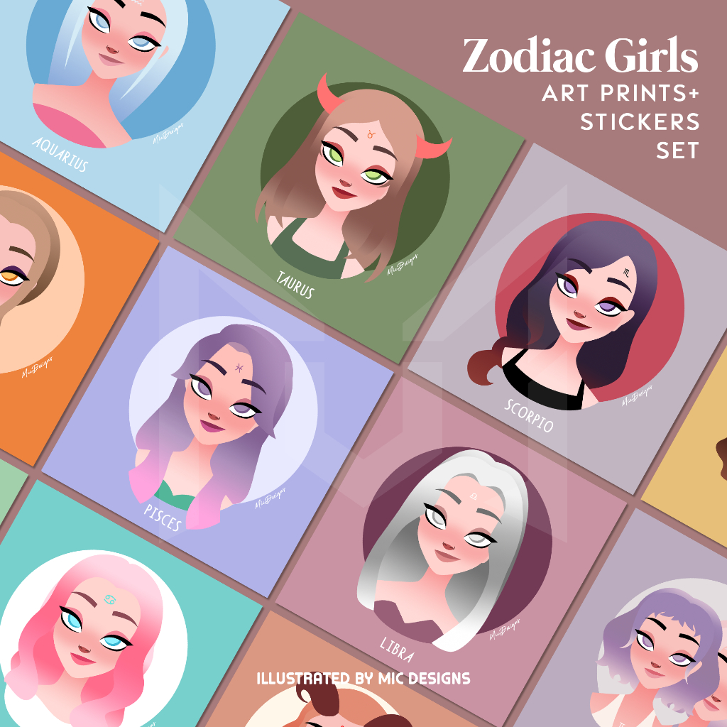 Zodiac Girls Stickers | Mini Art Print Set (3pcs) | Vinyl Waterproof ...