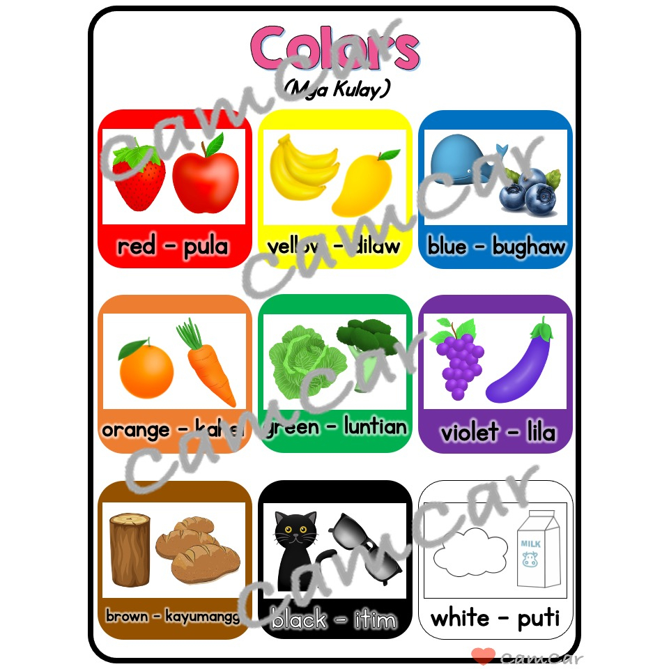 Laminated Wall Chart - English Filipino Tagalog - color, shapes, days ...