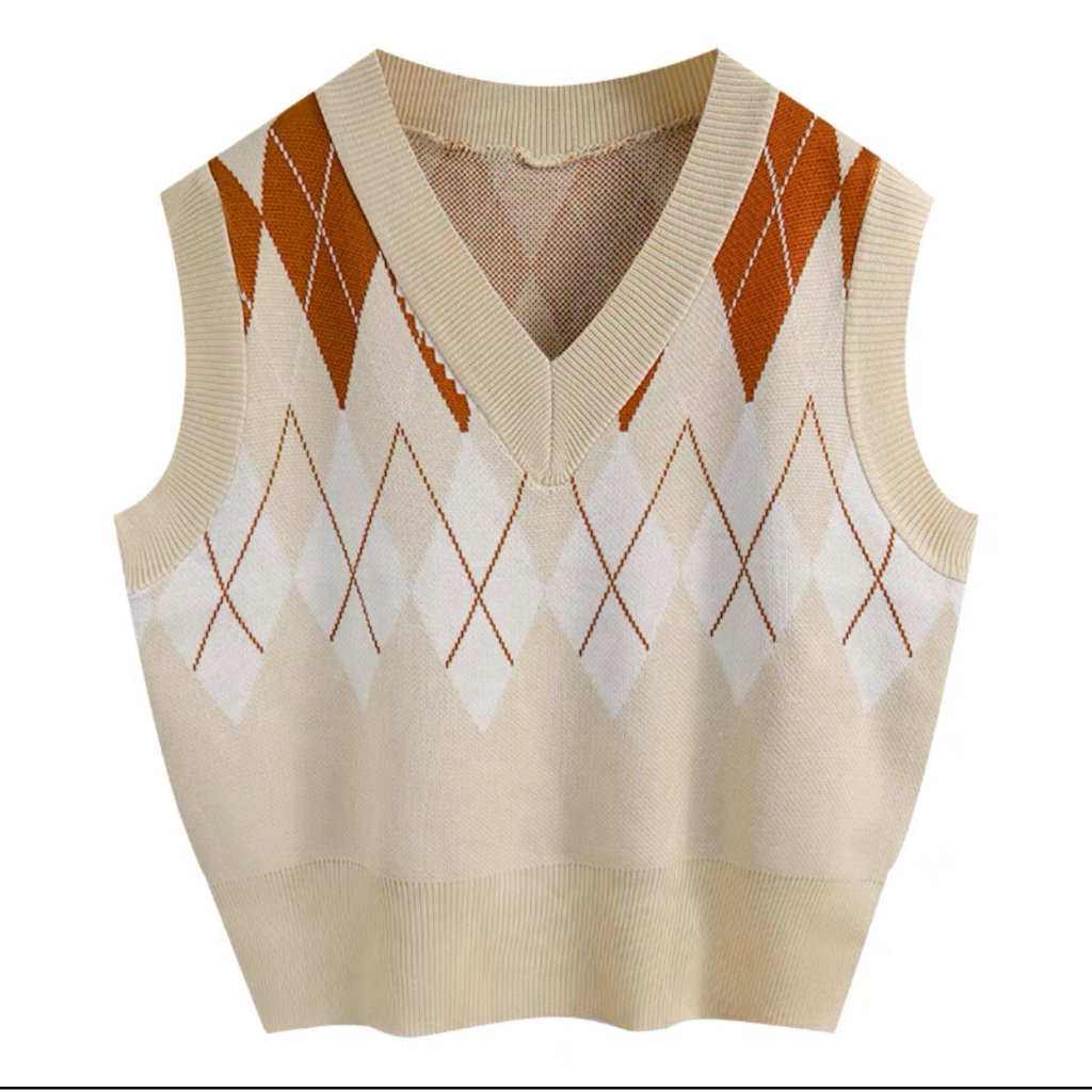 AAA Korean Fashion Diamond Vest V-Neck Knitted Top Retro Academic Style ...