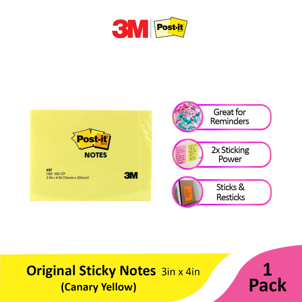 3M Post-it Notes, 3in x 4in 100 sheets 657 Canary Yellow [MP657 ...