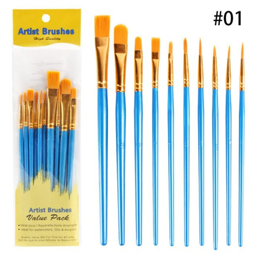 Nylon Paint Brushes Set Of 10 Fine Tip Acrylic Color Brush Various ...