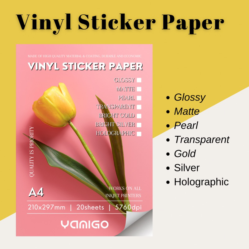 YAMIGO Printable Inkjet Vinyl Sticker Paper A4 Glossy Matte Gold Silver ...