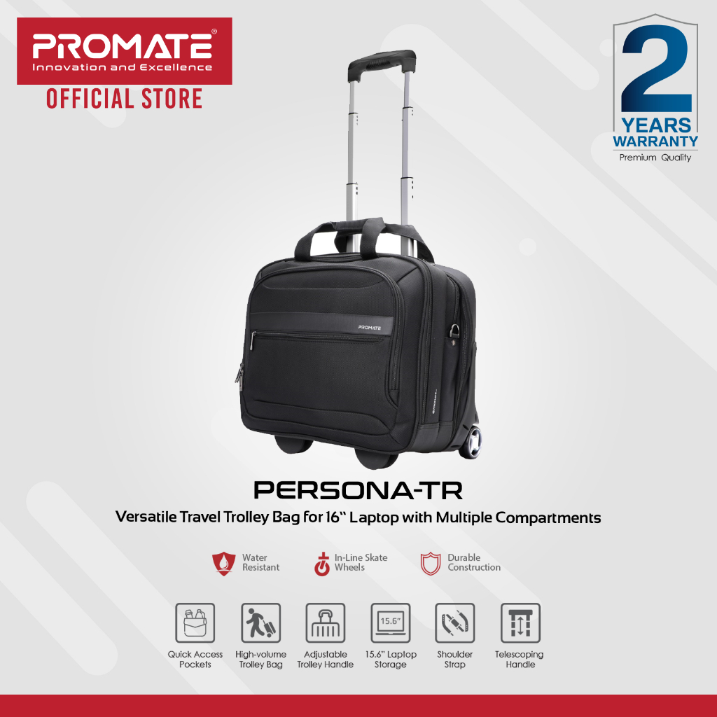 Promate Persona-TR Versatile Travel Trolley Bag for 16” Laptop with Multiple Compartments ...