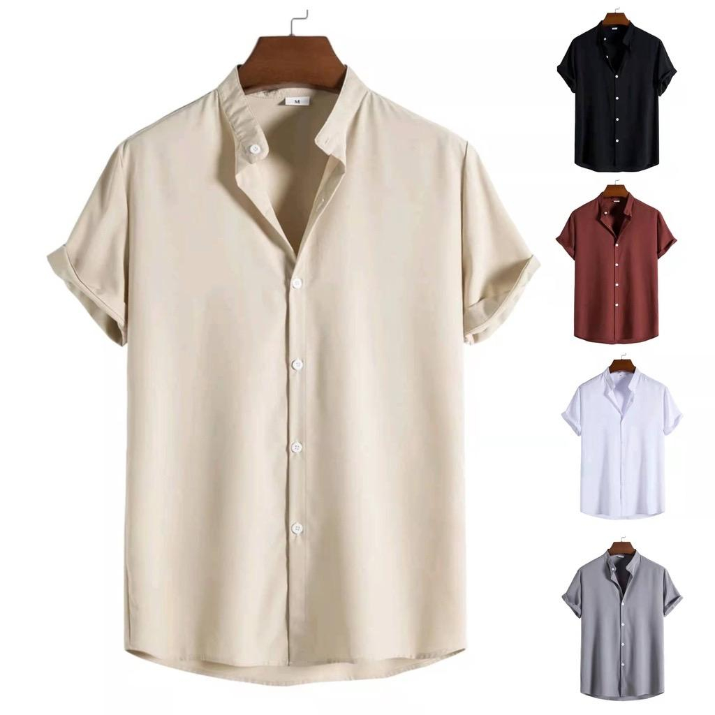 Chinese Collar Polo for Men Short Sleeves Full Buttons Cotton 9 Colors ...