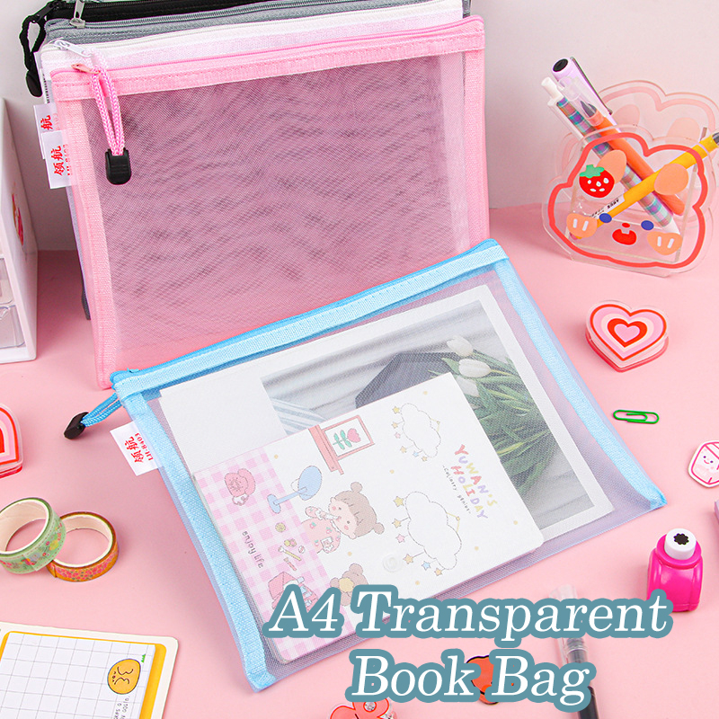 A4 File Bag Transparent Nylon Mesh Zipper Pouch Clear Document Bag Book ...