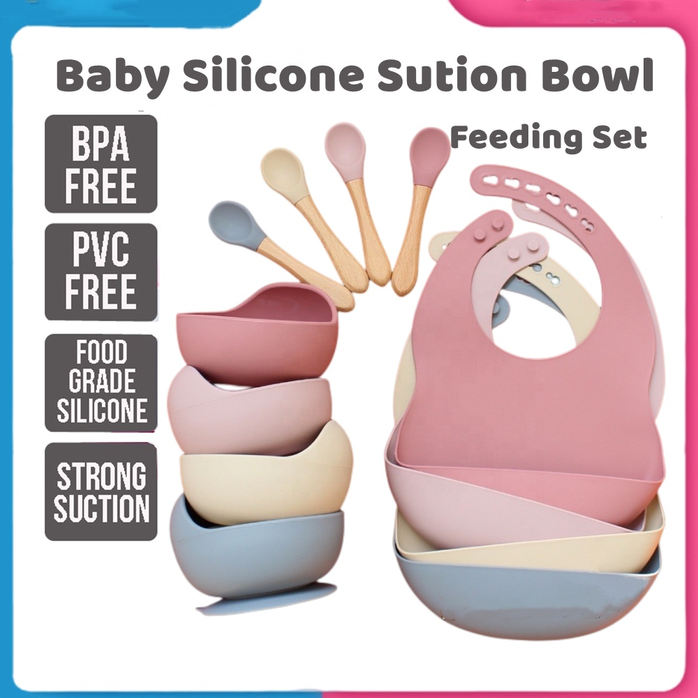 3pcs Set Baby Feeding Tools Infant Silicon Plate Set Suction Bowls Silicon Bib Kids Bowl Spoon ...