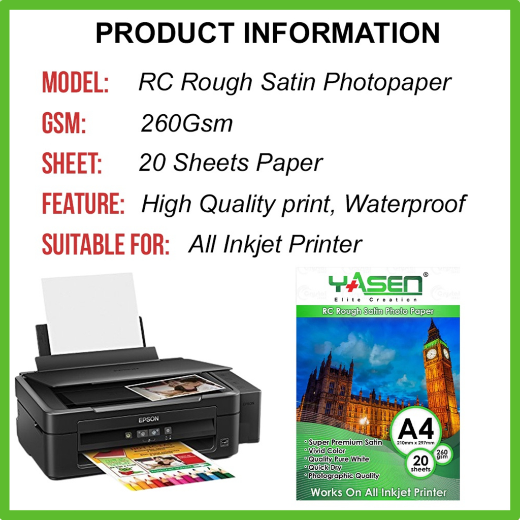 Yasen RC Rough Satin Photo Paper 260gsm A4 | 4R | 3R Size Resin Coated ...
