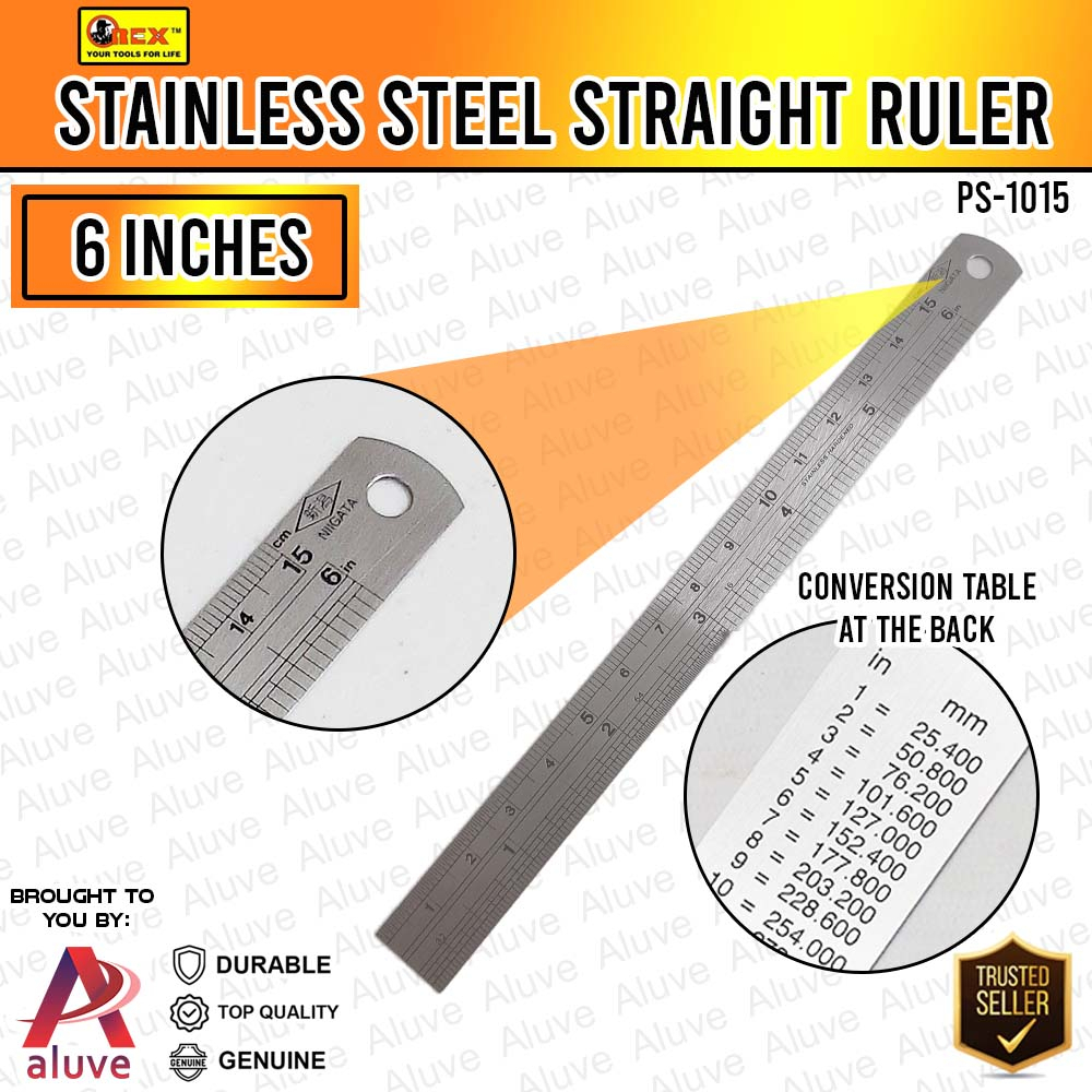 Orex Steel Stainless Ruler 6 inch Traditional with measuring conversion ...