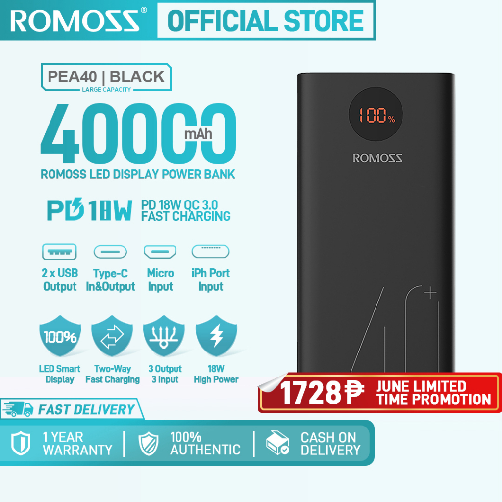 Romoss Pea40 Zeus 40000mah Pd18w 3 Output 2 Input Fast Charging Power ...