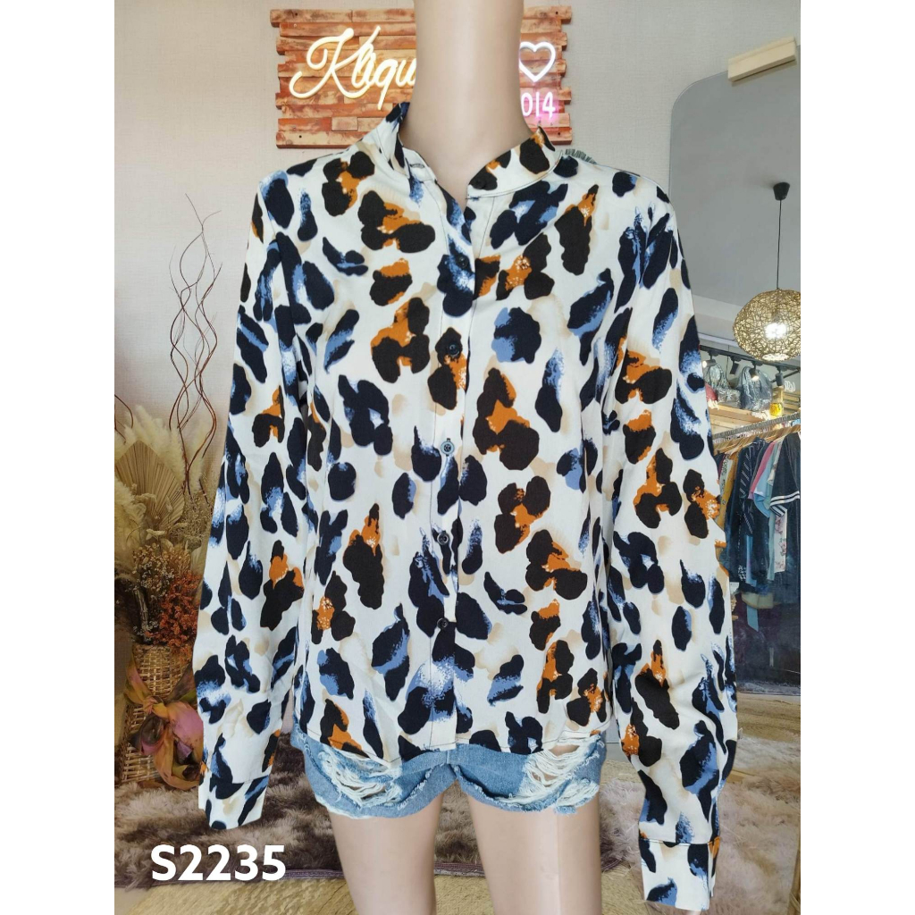 KYU S #2235 White Allover Print Mandarin Collar Long Sleeves Full Front ...