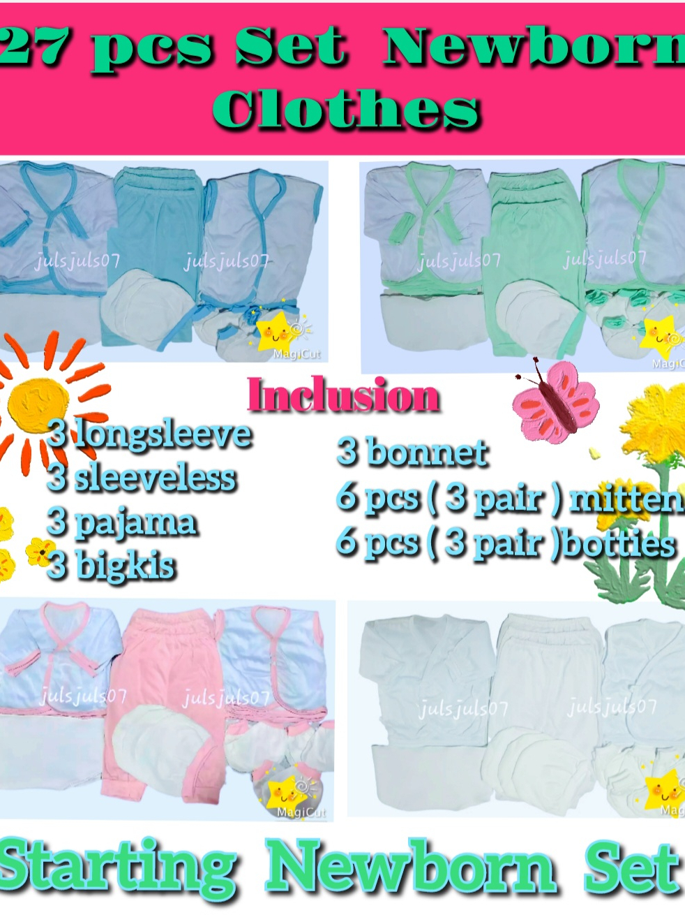 27 pcs Newborn Clothes baru baruan Mitten Tieside Pajama Newborn baby ...