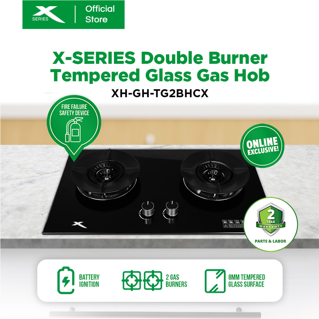 X-SERIES Double Burner Tempered Glass Gas Hob with Battery Ignition and ...