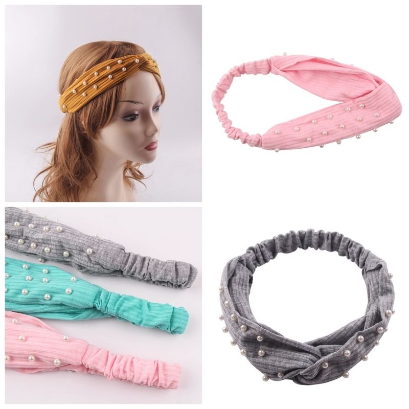 T1 Korean Knotted Cross Trendy Fashion Hair Turban With Pearl